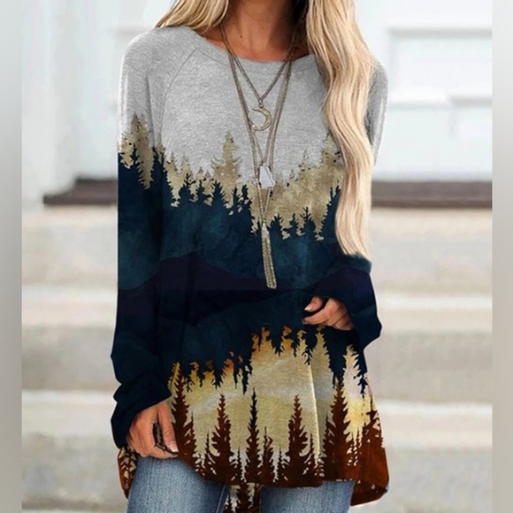 knoeasy | Tops | Teal Tan Forest Landscape Longsleeve Tee Xxl | Poshmark
